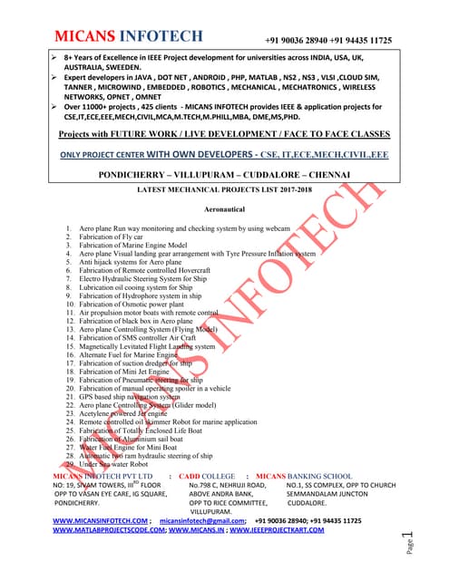 final year mechanical engineering projects at bangalore | PDF