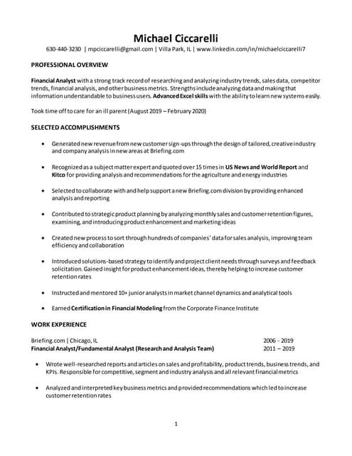 Michael Ciccarelli resume | DOCX | Financial Industry | Industries