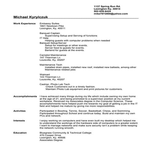 Michael Kyrylczuk Resume2 | DOC | Computing | Technology & Computing
