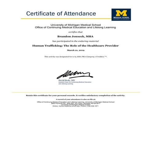 Michigan medical school postgraduate certificate - human trafficking ...