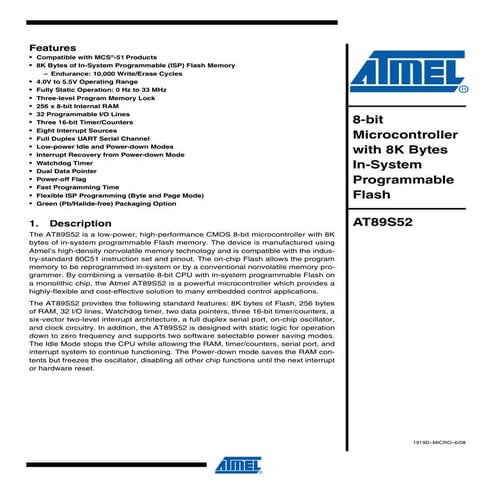 Microcontroller at89 s52 datasheet | PDF