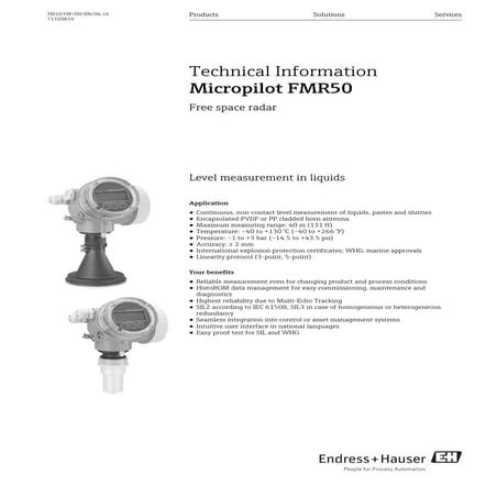 Micropilot fmr50 endress+hauser datasheet-free space radar | PDF