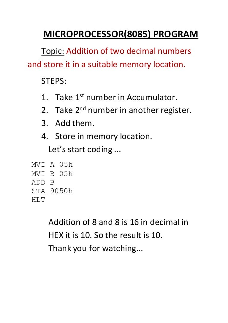 Microprocessor 8085 Addition Of Two Decimal Number 