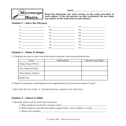 Microscope Mania Worksheet Parts Of The Microscope Pdf Lesson Plans