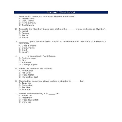 Notes MS Word MCQ Question FSc Matric ICS | PDF