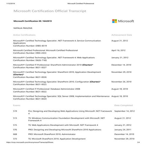 Microsoft certified professional transcript natalia pavlova | PDF