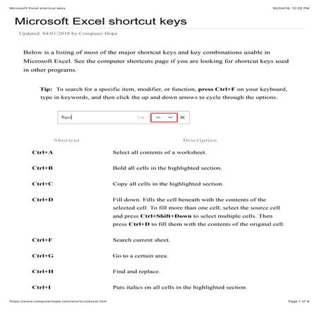Microsoft excel shortcut keys | PDF | Operating Systems | Computer ...