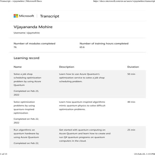 Microsoft Transcript VDMohire-2022 | PDF