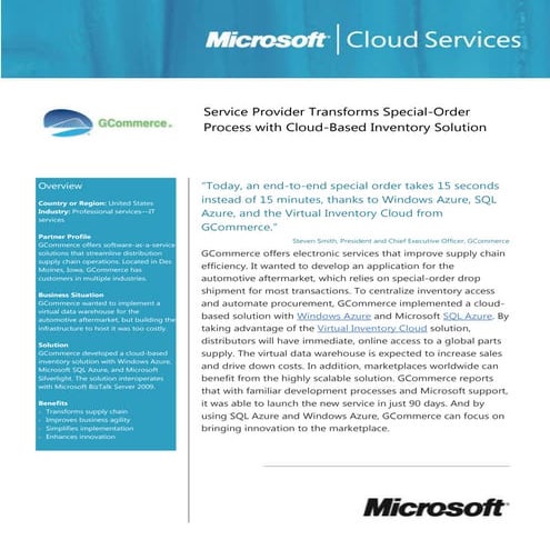 Microsoft Windows Azure - GCommerce IT Services Transforms Special Order Process Case Study | PDF