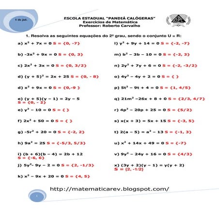Microsoft word exercicio matemática com gabarito equações do 2º grau | PDF