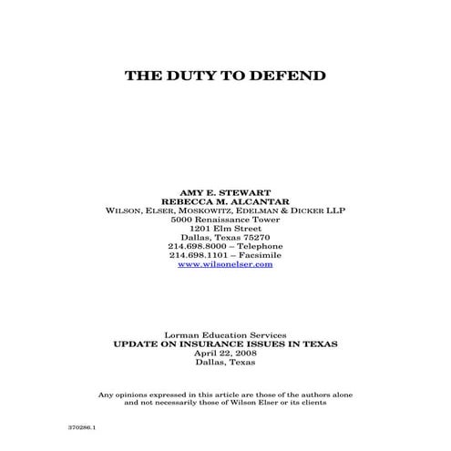 The Duty To Defend (April 2008) | PDF