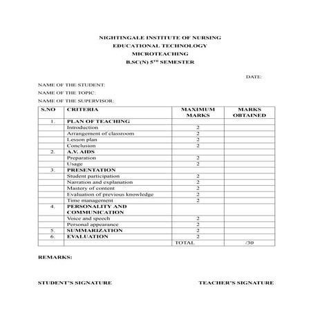 MICRO TEACHING PERFORMA FOR NURSING COLLEGE | PDF