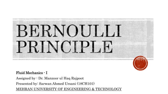 Fluid Dynamics (Continuity Equation - Bernoulli Equation - head loss - Application.....) | PPTX ...