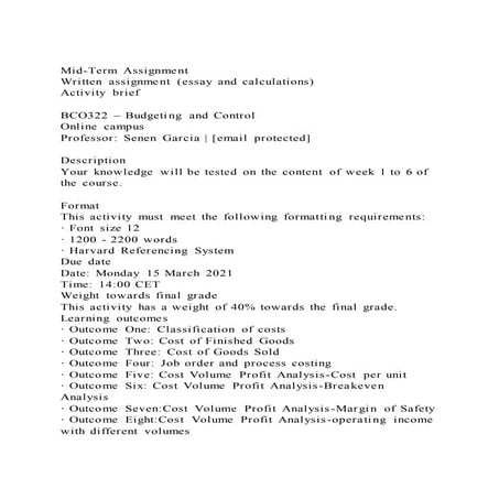 Mid-Term AssignmentWritten assignment (essay and calculations) | DOCX