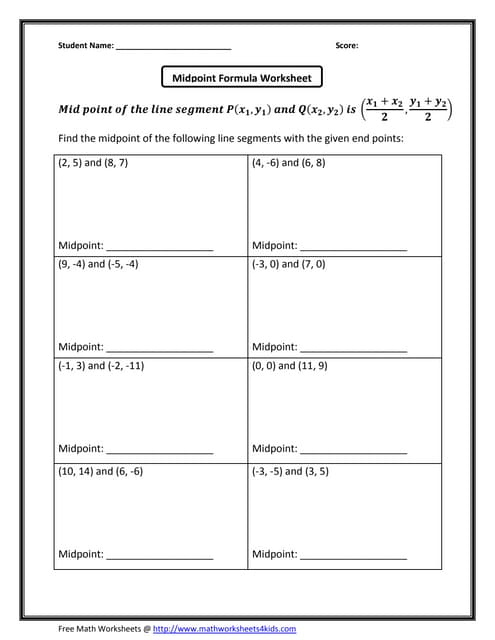 Midpoint Worksheet Midpoint & Distance Formula Partner Practice