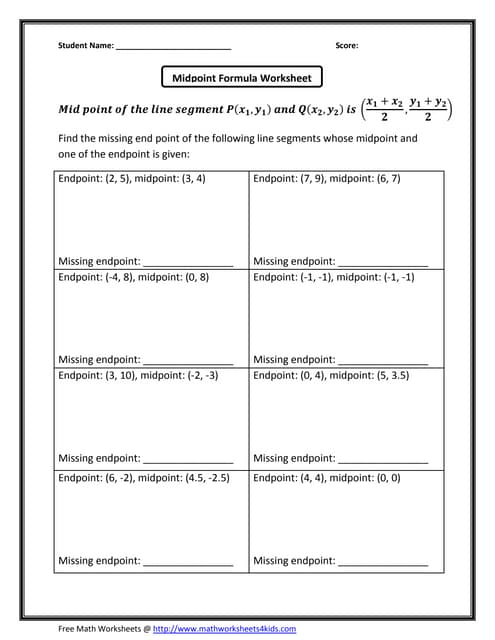 Midpoint Formula Worksheet