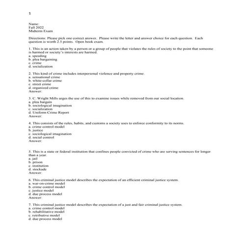 Midterm Final exam. For criminal justice two | PDF