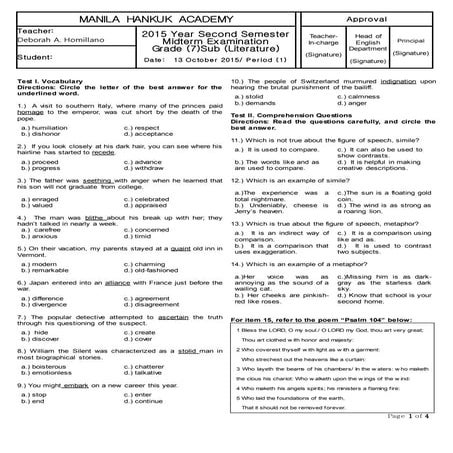 Midterm exam (grade 7 literature (edited) | DOCX