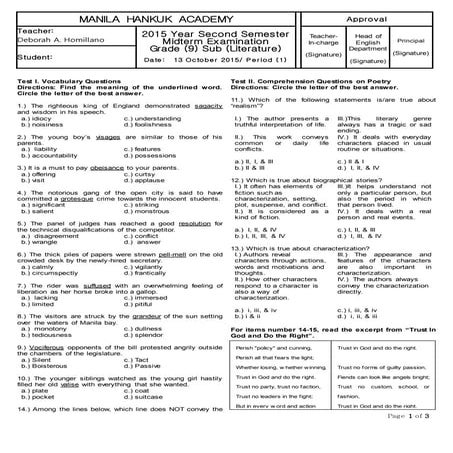 Midterm exam (grade 9 literature 2nd sem (edited) | DOCX