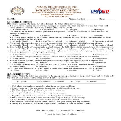 Purposive communication-mid-term-departmental-exam-docx | PDF