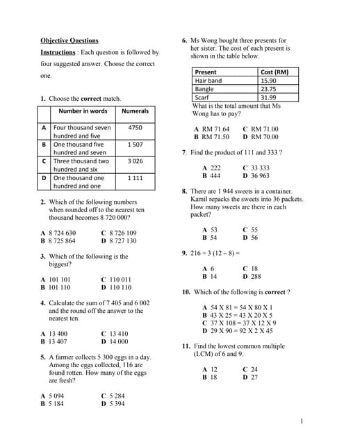 Final Revision Math Primary 2 (Part 1) | DOC
