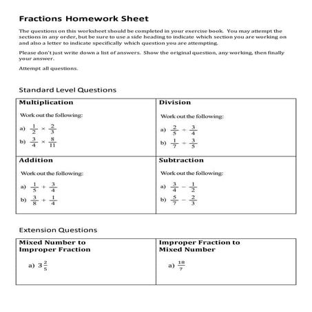 Mi fractions homework sheet | DOCX