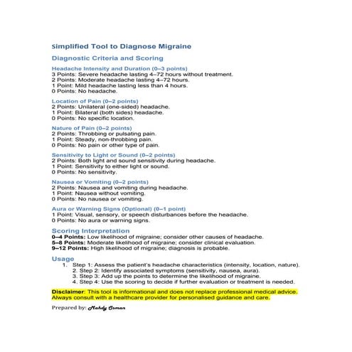 Simplified Tool to Diagnose Migraine Diagnostic Criteria and Scoring | PDF