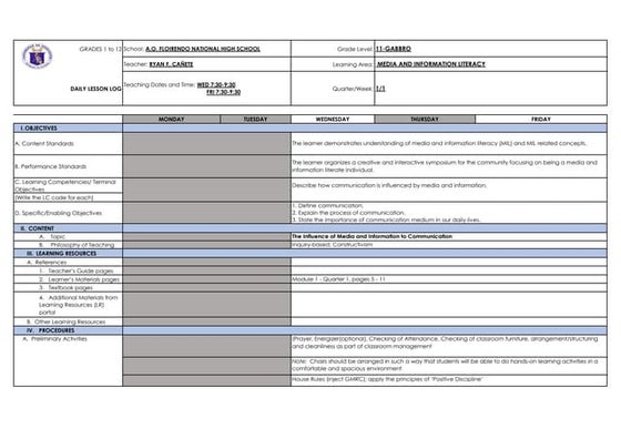 Media and Information Literacy Daily Lesson Log | PDF