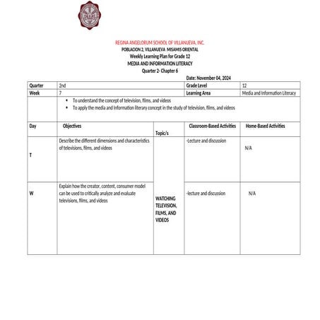 WEEKLY LEARNING PLAN-MEDIA AND INFORMATION LITERACY | DOCX