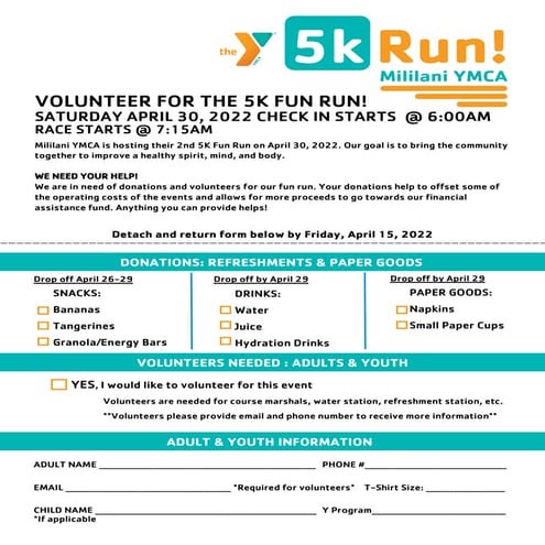 2022 Miliani YMCA 5K Charity Fun Run Volunteer & Donate | PDF