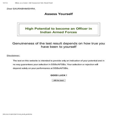 Military as a career self assessment tool - result panel | PDF | Career ...