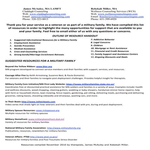Military families resource handout mn | PDF