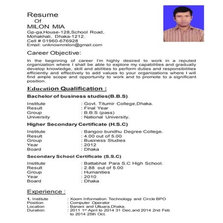 Milon cv | DOCX | Resume Writing and Advice | Job Search