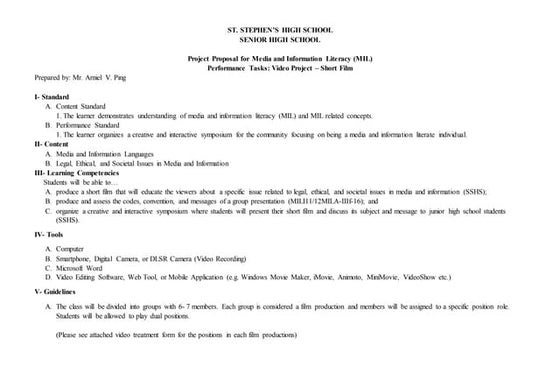 Rubric on video presentation project | DOC