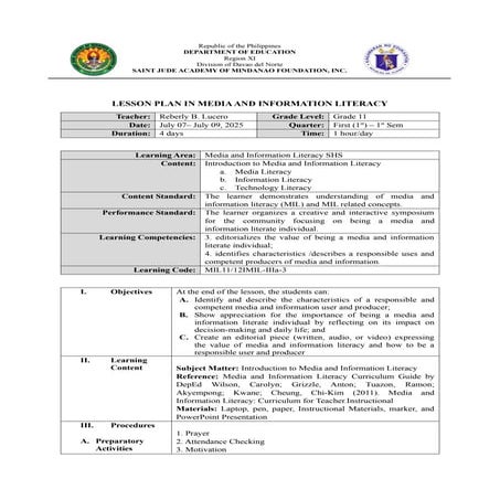 Media and Information Literacy WEEK 3 EDITORIALIZE LESSON PLAN | DOCX