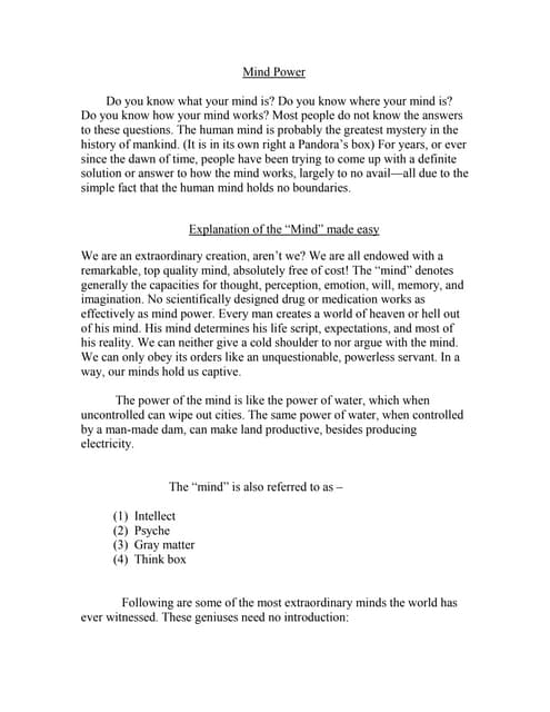 The Power of The Mind | PPTX | Brain and Nervous System Disorders ...