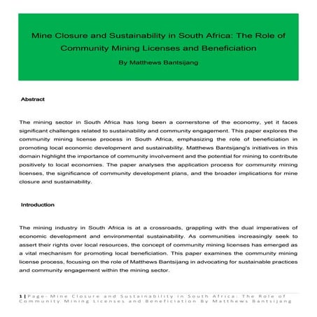 Mine Closure and Sustainability in South Africa: The Role of Community ...