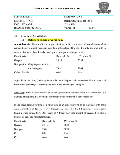 Mine Gases (Gases that are experienced during underground coal mining) | PPT