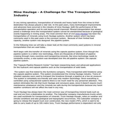 Mine Haulage - A Challenge for The Transportation Industry | PDF