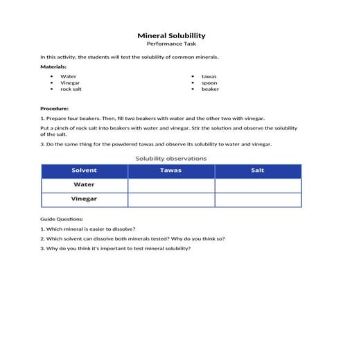 Mineral Solubility experiment earth science | PDF