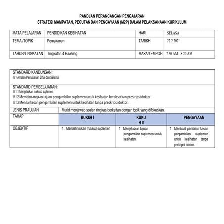 Rancangan Mengajar Harian mengenai Pendidikan Jasmani Dan Kesihatan | PPT