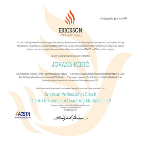 Erickson professional coach - certificate 02-2017 | PDF