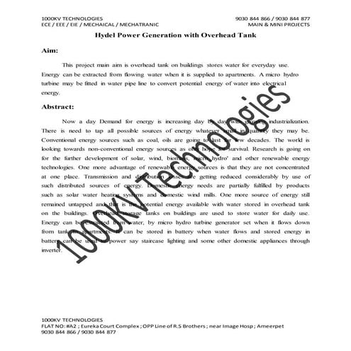 Mini ee 22 hydel power generation with over head tank Electrical ...