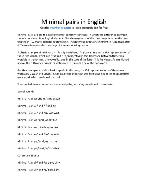 Minimal pairs and minimal sets in Phonology | PPTX