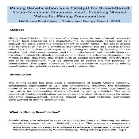 Mining Beneficiation as a Catalyst for Broad-Based Socio-Economic ...