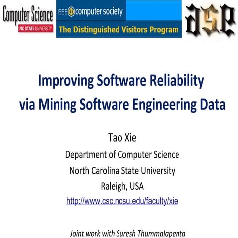 Improving Software Reliability Via Mining Software Engineering Data Ppt Databases Computer