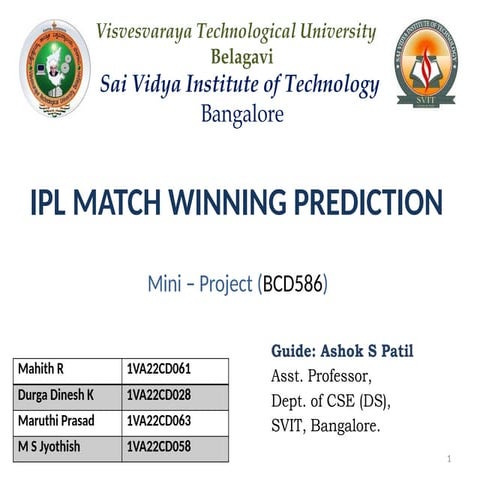 IPL match winning predicion using machine learnong | PPTX