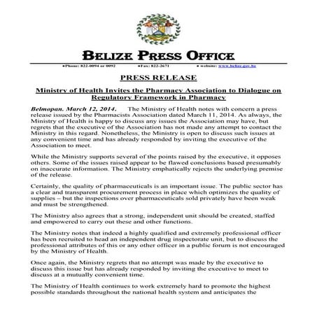 Belize Ministry Invites Pharmacy Association for Regulatory Talks | PDF