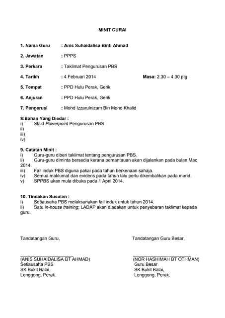 Contoh minit curai | DOC