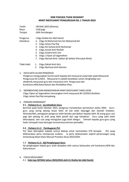 Contoh Minit Mesyuarat Panitia BM Kali Pertama | DOCX